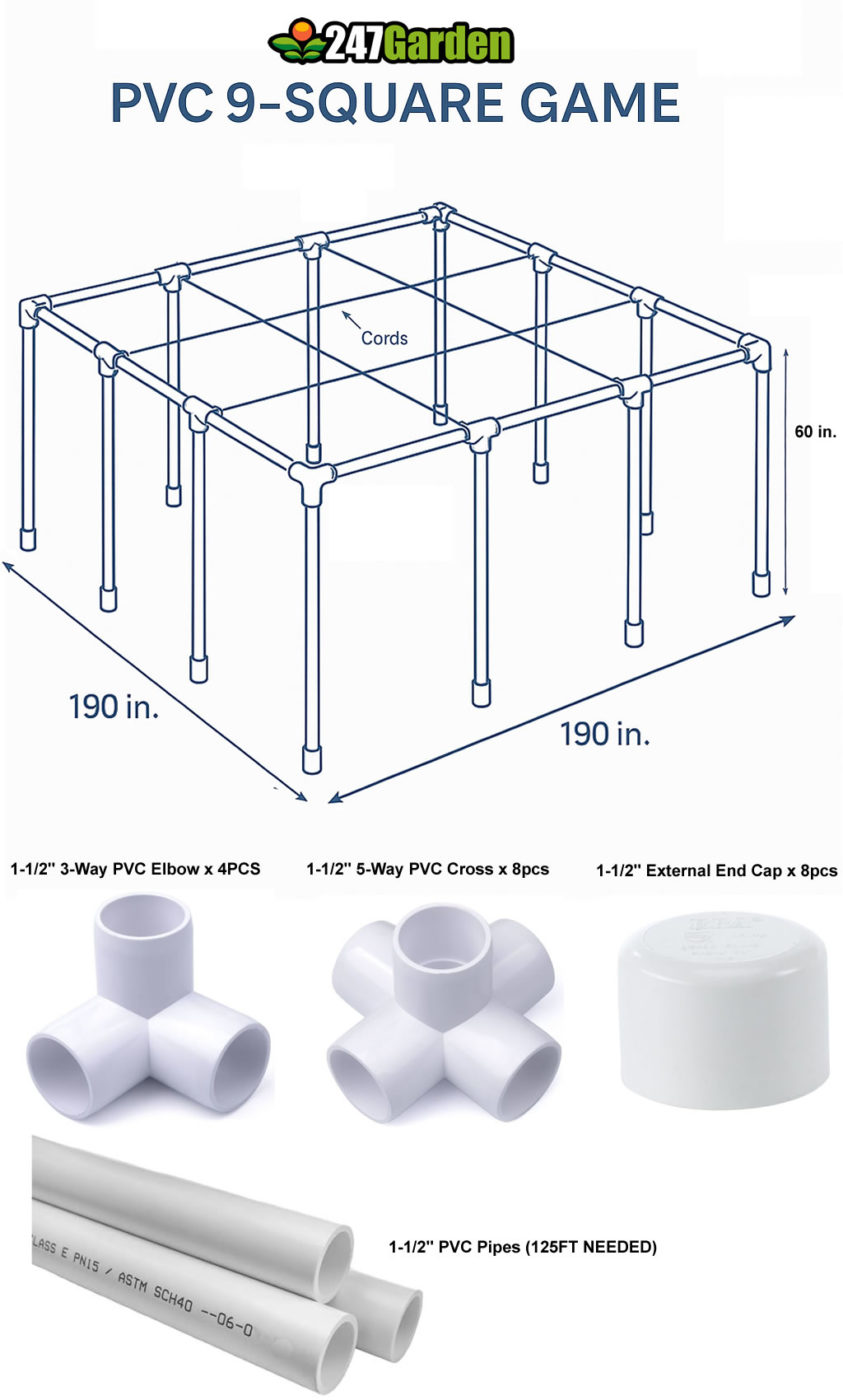 Build Plan for 9-Square Game using PVC Fittings | 247Garden